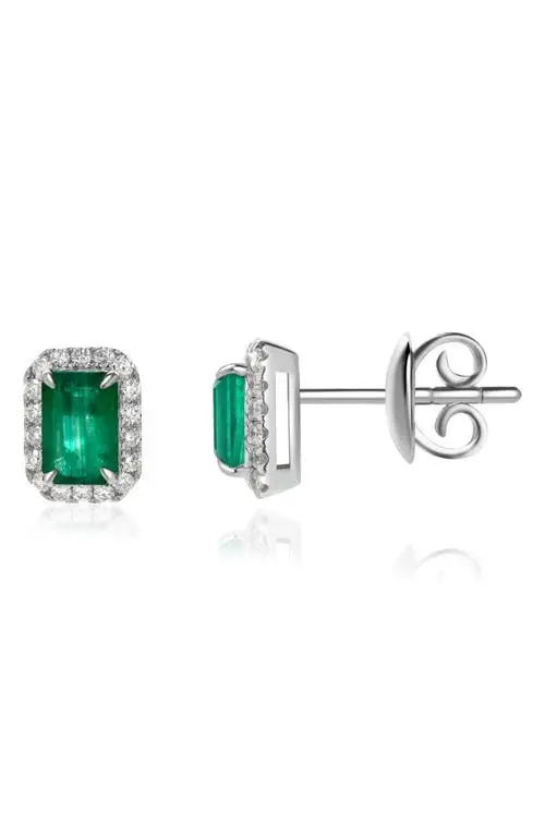VALANI ATELIER Emerald & Diamond Halo Stud Earrings - 14k White Gold