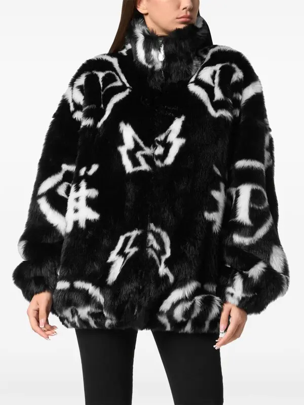 Philipp Plein Monogram-print Faux Fur Coat - Black