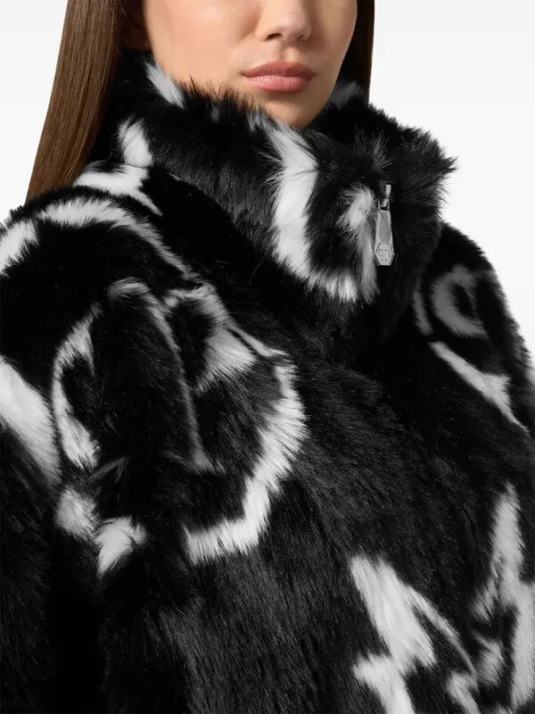 Philipp Plein Monogram-print Faux Fur Coat - Black