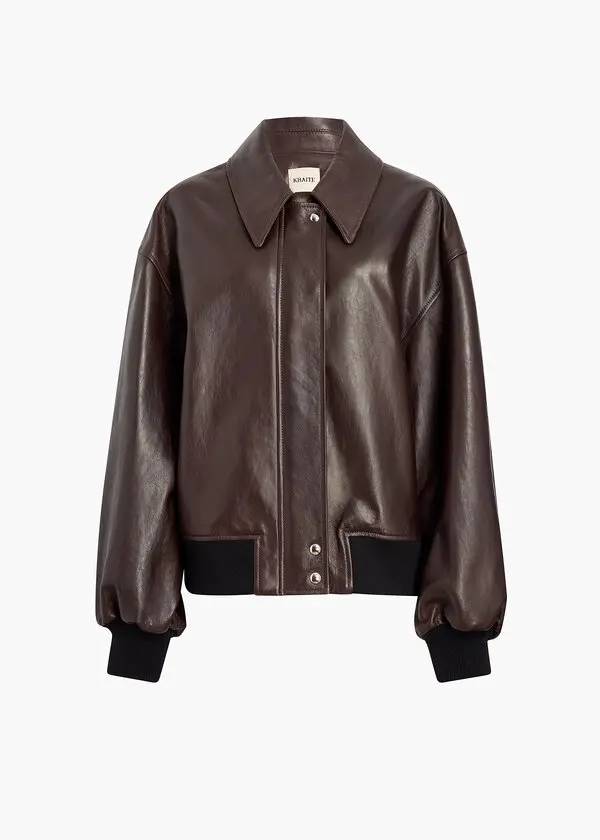 Khaite Shelman Leather Bomber Jacket - Dark Brown