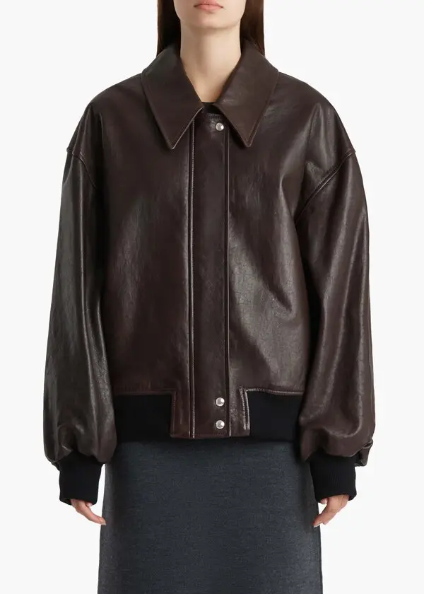 Khaite Shelman Leather Bomber Jacket - Dark Brown