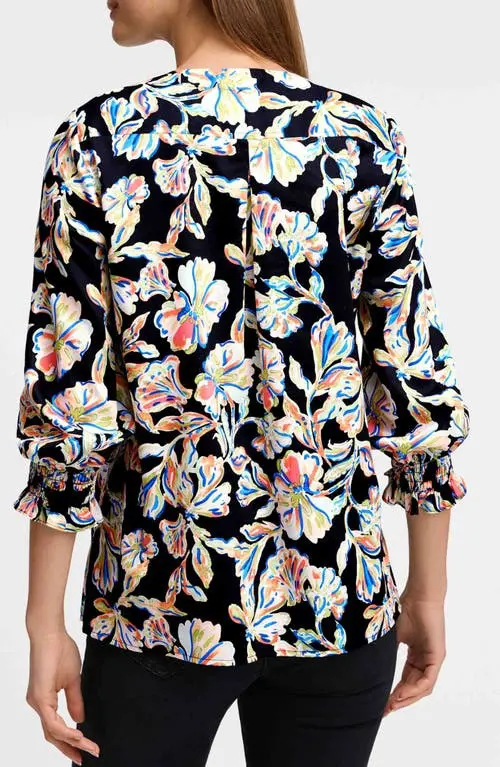 Foxcroft Alicia Floral Cotton Popover Top - Black Multi