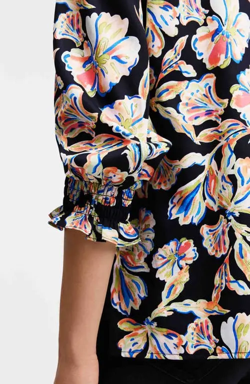 Foxcroft Alicia Floral Cotton Popover Top - Black Multi