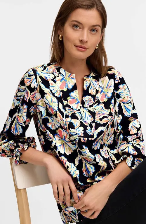 Foxcroft Alicia Floral Cotton Popover Top - Black Multi