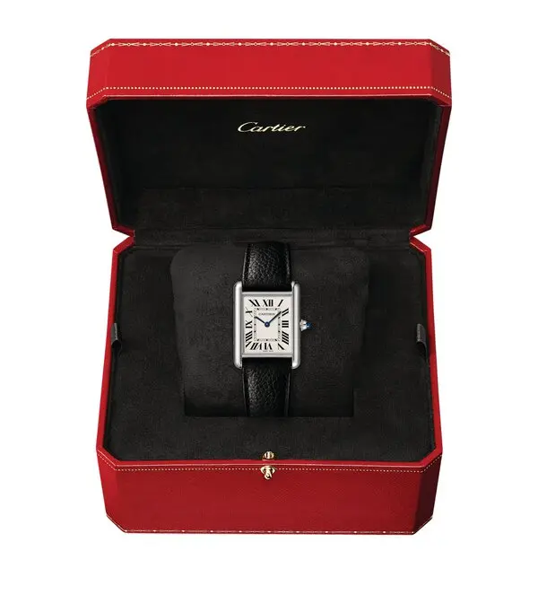 Cartier Stainless Steel Tank Must Watch With Leather Strap - Silver