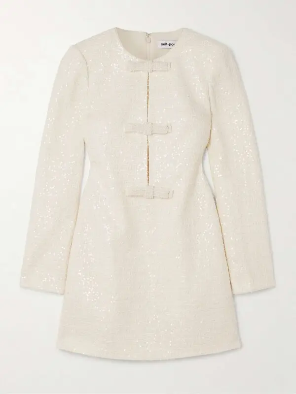 self portrait cream metallic boucle mini dress Cream Sequin Boucle Bow Mini Dress  self-portrait-US