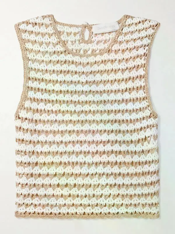 Zimmermann Tallow Cropped Striped Crocheted Cotton-blend Tank