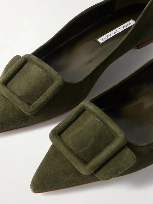 Manolo Blahnik Maysale Buckled Suede Flats - Green