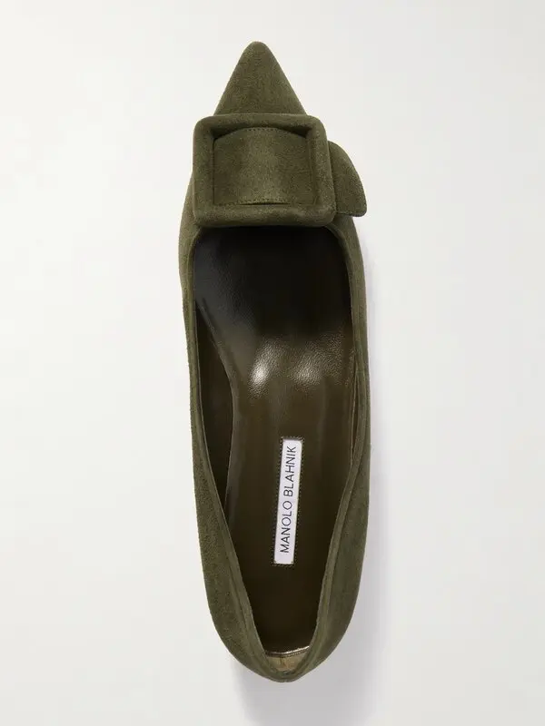 Manolo Blahnik Maysale Buckled Suede Flats - Green