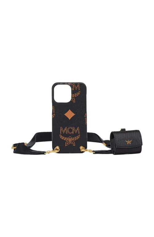 Mcm Iphone 15 Pro Max Case W/ Airpods Pro Charm In Maxi Visetos - Black