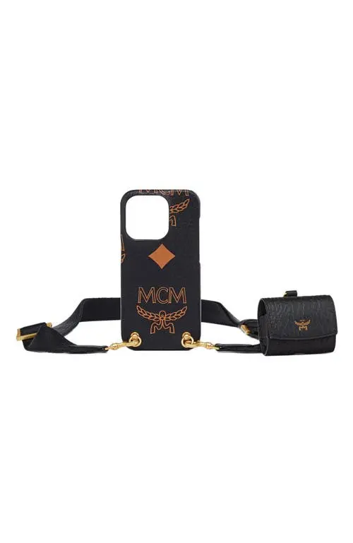 Mcm Iphone 15 Pro Case W/ Airpods Pro Charm In Maxi Visetos