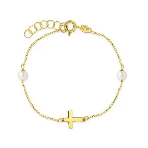 IN SEASON JEWELRY 14k Yellow Cross Bracelet With Cultured Pearls - Gold