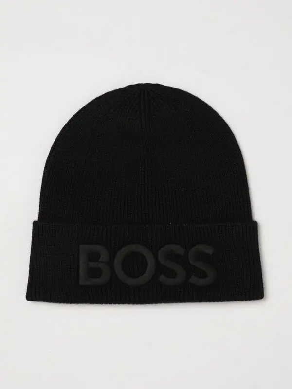 BOSS Ribbed Wool-blend Knit Beanie Hat With Embroidered Logo - Black