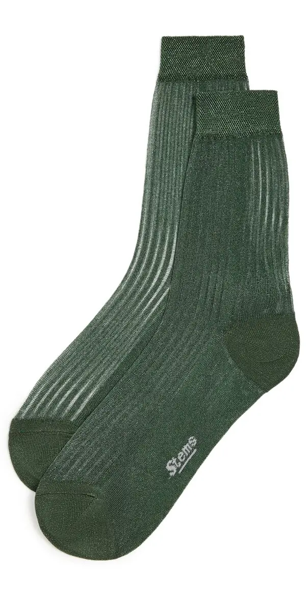 STEMS Fine Ribbed Metallic Crew Socks - Verdant Green