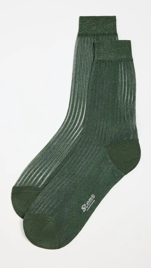 STEMS Fine Ribbed Metallic Crew Socks - Verdant Green