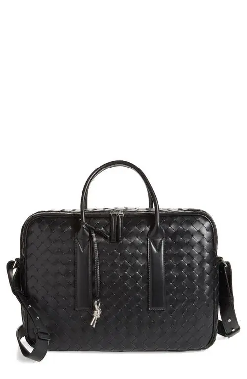Bottega Veneta Large Intrecciato Leather Briefcase - 8803 Black/ Silver