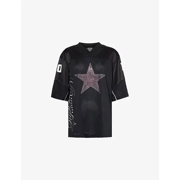 Jaded London Team Spirit Football Rhinestone-Star-Print Woven T