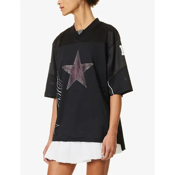 Jaded London Team Spirit Football Rhinestone-Star-Print Woven T