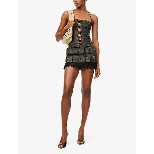 odile black faux leather lace up mini dress Odile Black Faux Leather Lace Up Mini Dress
