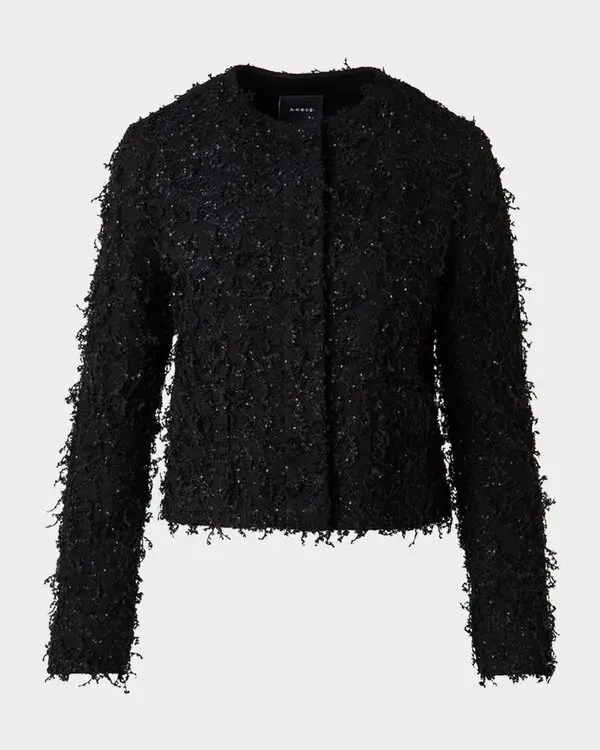 Akris Bea Micro Sequin Fringed Boucle Shirt Jacket - Black