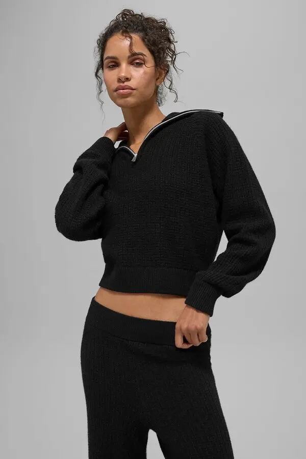 Alo Yoga Cashmere Plush Waffle Quarter Zip Pullover Top - Black
