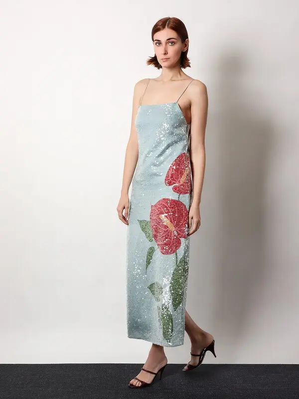 ワンピース Riu flower&marble dress Riu flower&marble dress Blue Anthurium Flowers Slip Maxi Dress
