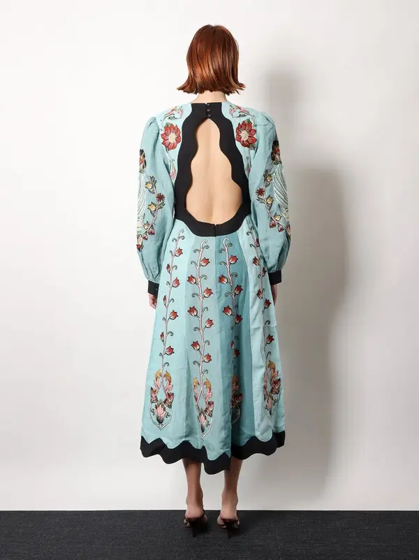 farm rio blue flowing beauty embroidered long sleeve midi dress Farm Rio Light Blue Embroidery Short Sleeve Midi Dress Light Blue / M main image 1