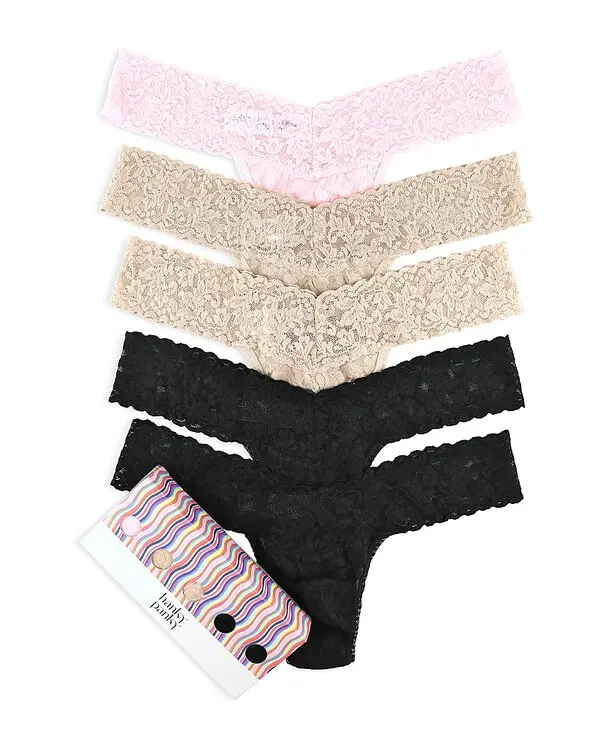Hanky Panky Signature Lace Low Rise Thongs, Set Of 5 - Black/bliss Pink/chai