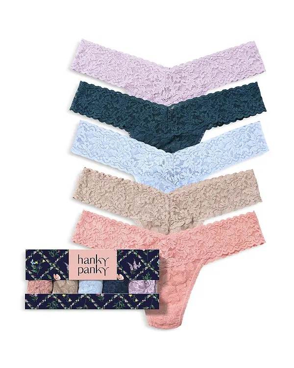 Hanky Panky X Wuthering Heights Signature Lace Low Rise Thongs, Set Of 5 - Green Queen/deep Water Blue/periwinkle/t