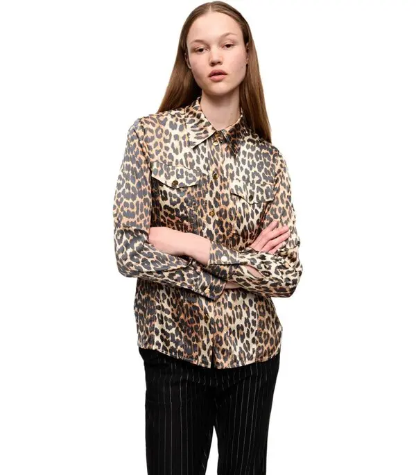 GANNI Animal Print Satin Shirt