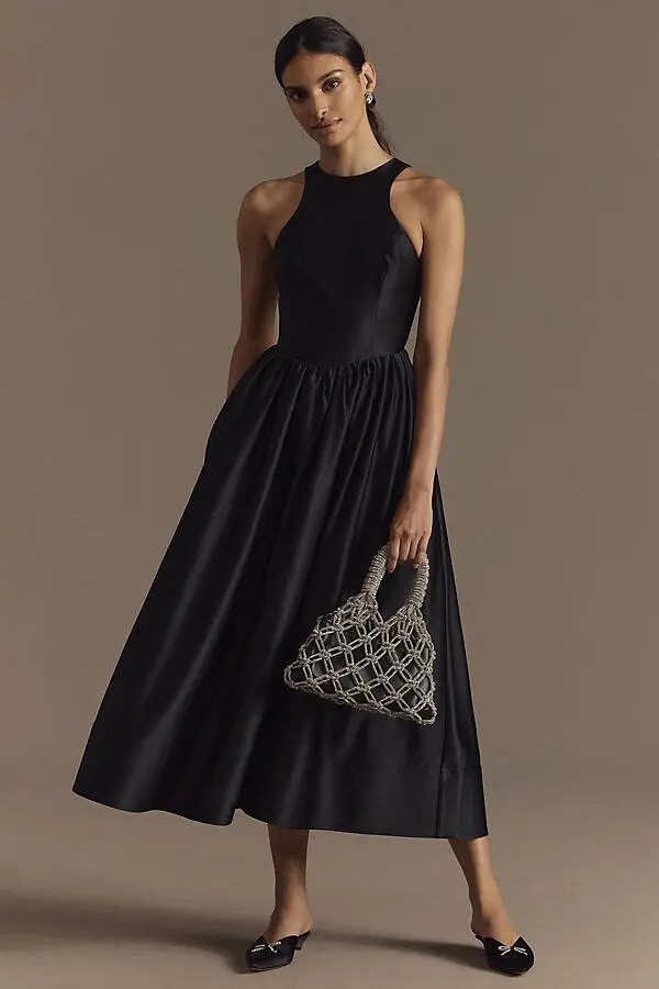 Bhldn Cora Halter Back-Cutout Fit & Flare Satin Midi Dress In Black - 60%  Off | Editorialist