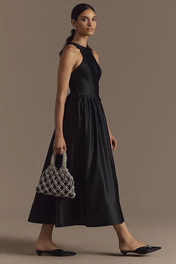 Bhldn Cora Halter Back-Cutout Fit & Flare Satin Midi Dress In Black - 60%  Off | Editorialist