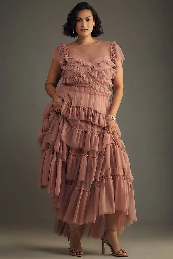 Anthropologie Ruffle-Sleeve Tiered Tulle Midi Dress In Pink - 40% Off |  Editorialist