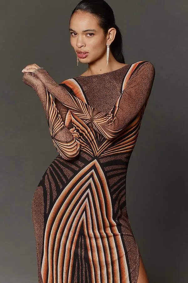 knee length dresses for ladies Afrm Nettie Long Sleeve Backless Maxi Dress in Caramel Animal at Nordstrom, Size Large main image 0