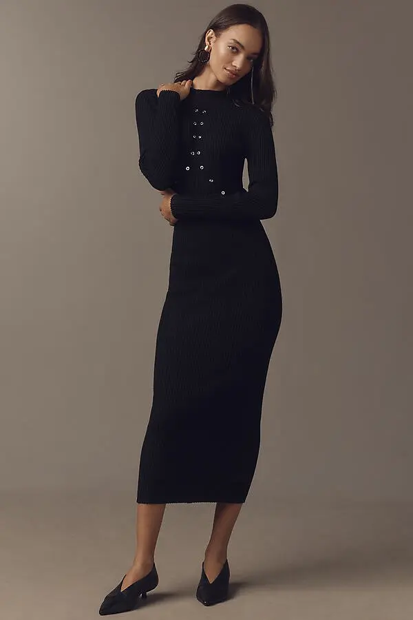 black sweater dress midi Roll Neck Lace Sleeve Fit & Flare Midi Dress, Black – Jolie Moi Retail
