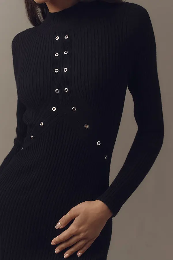 Anthropologie Long-Sleeve Studded Sweater Midi Dress In Black 69 - Main Image