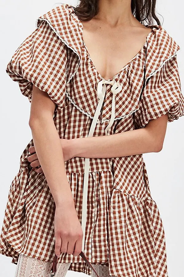 gingerbread gingham mini dress For Love and Lemons Gingerbread Gingham Mini Dress in Brown