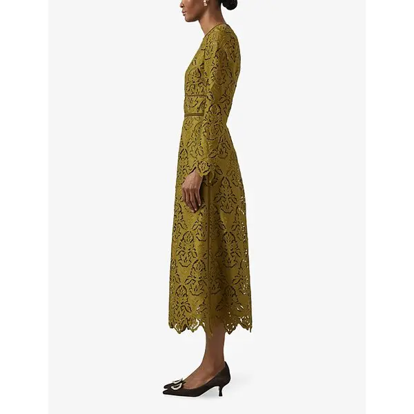 Lk Bennett Gracie Velvet-Trim Lace-Embroidered Woven Midi Dress In  Gre-Olive - 52% Off | Editorialist