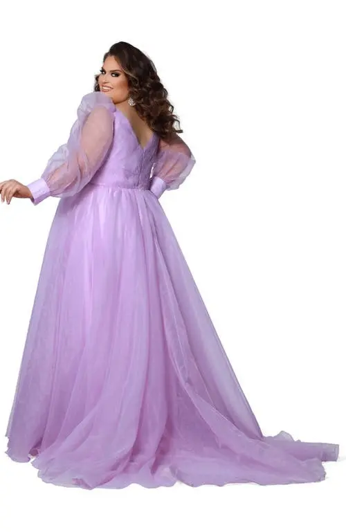 SYDNEY'S CLOSET Organza Pouf Sleeve V-neck Pleated Evening Gown - Lilac