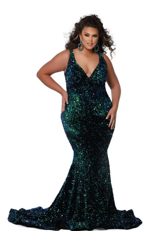 SYDNEY'S CLOSET Sequin Mermaid Evening Gown - Peacock