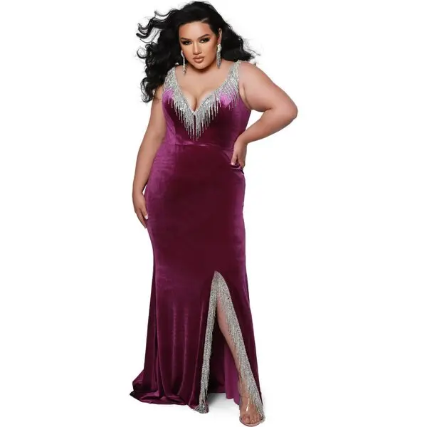 SYDNEY'S CLOSET V-neck Rhinestone Fringe Velvet Evening Gown - Purple