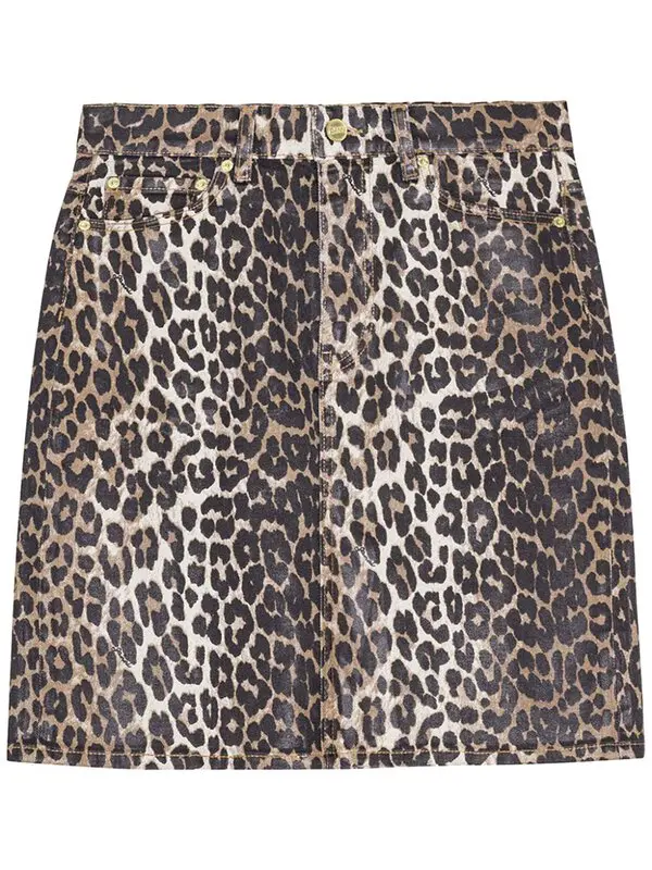 GANNI Leopard-print Denim Midi Skirt - Brown