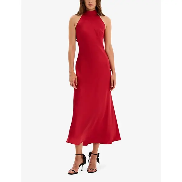 OMNES Seychelles Halterneck Satin Maxi Dress - Barbados Cherry
