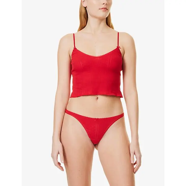 COU COU Mid-rise Pointelle-pattern Cotton Thong - Cherry Red
