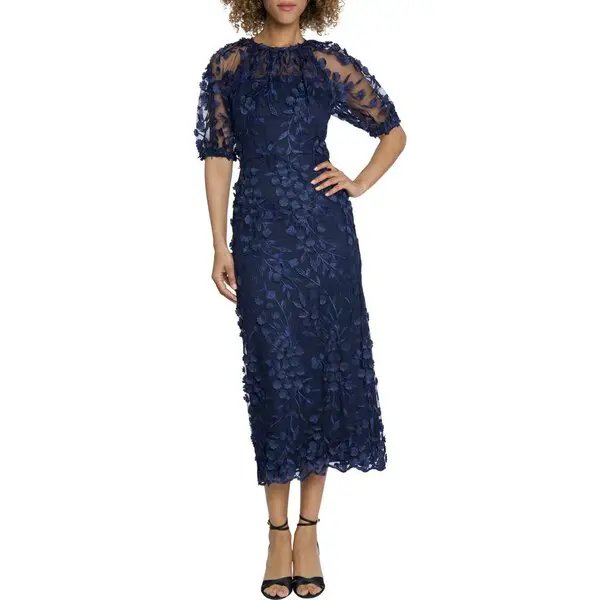 Maggy London Floral Appliqué Midi Dress In Navy - 60% Off