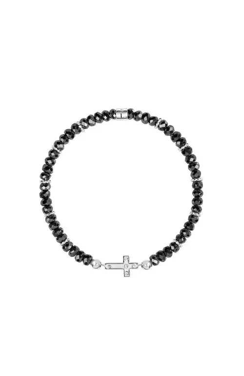 KARMA AND LUCK Hematite Sterling Silver Cross Charm Beaded Bracelet - Black/silver