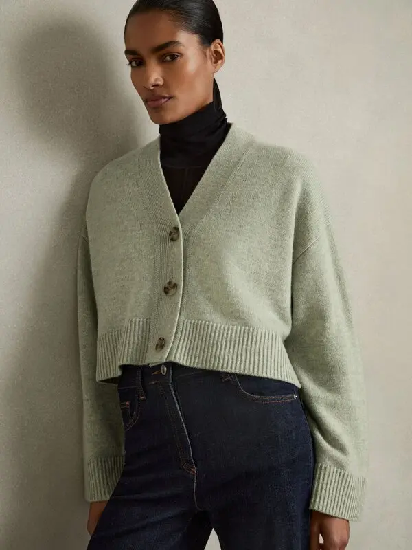 REISS Rixy Wool-cashmere Cropped Cardigan - Sage