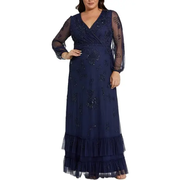 Mac Duggal Puff Sleeve V-neck Tiered Embellished Gown - Midnight