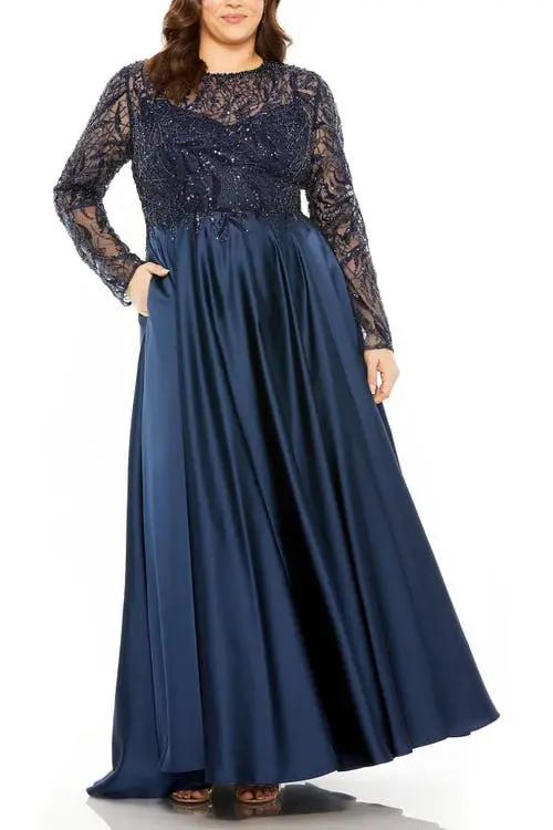 Mac Duggal Sheer Long Sleeve Beaded Top Satin Gown - Midnight