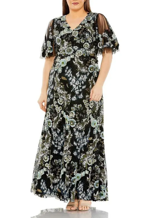 Mac Duggal Sheer Sleeve Floral Embroidered Gown